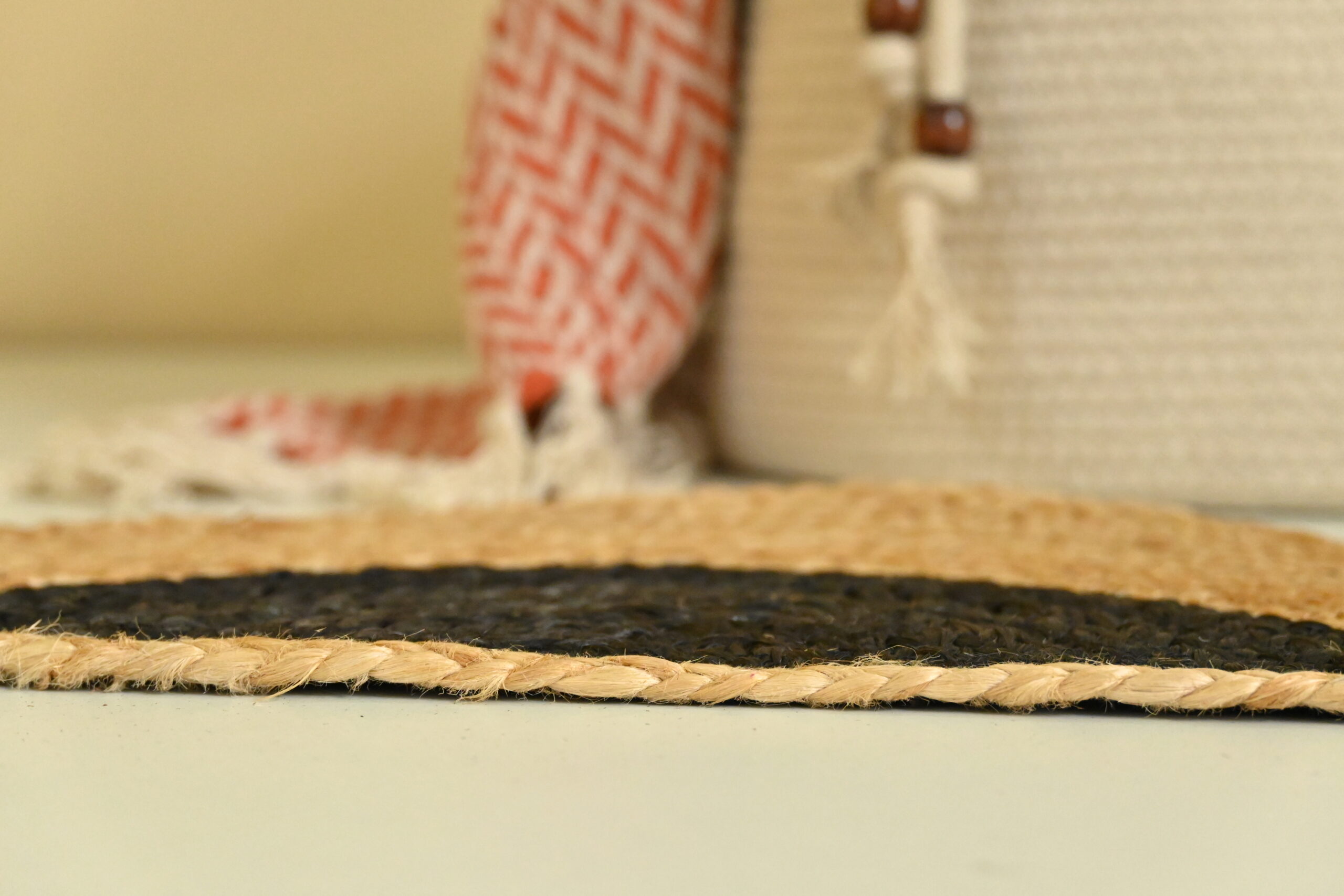 Handmade Semi Circle Beige and Black Jute Braided Doormat. | Aticue Decor