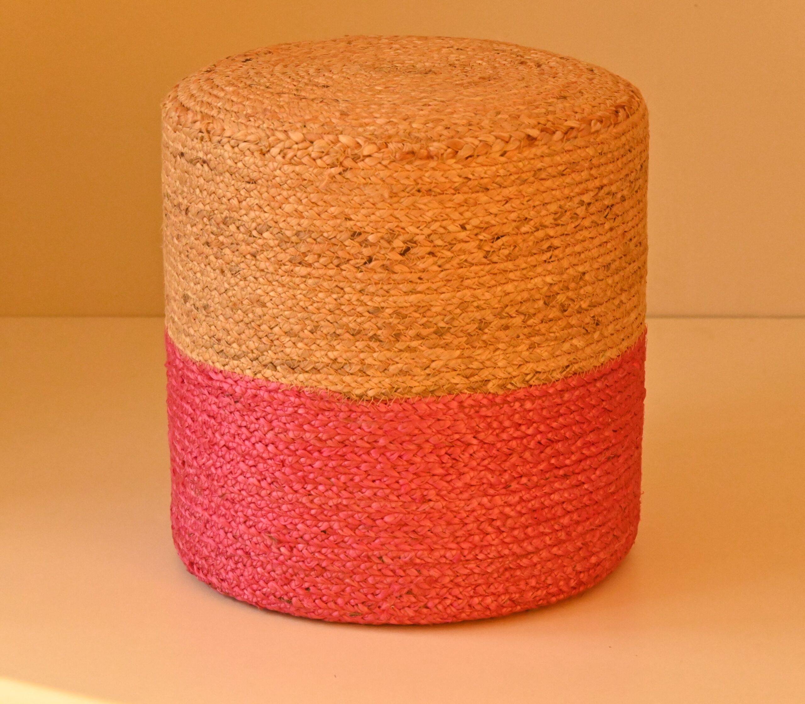 Handcrafted Jute Ottoman Pouffe | Beige & Pink | Aticue Decor